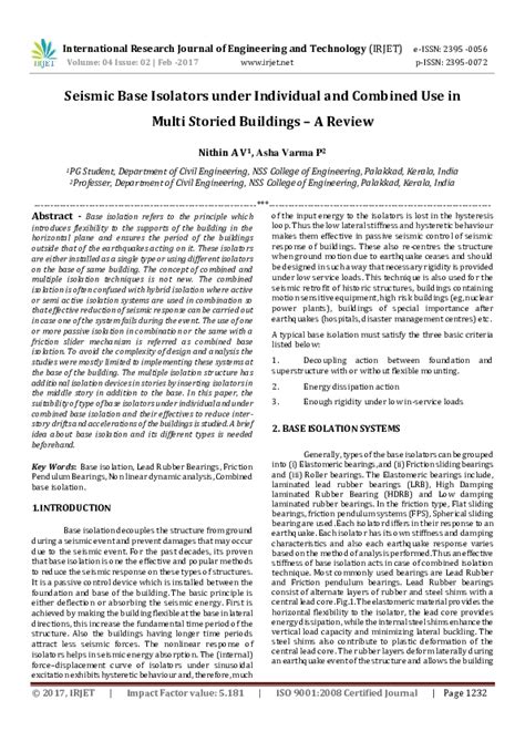 Pdf Seismic Base Isolators Under Individual And Combined Use In Multi Storied Buildings A Review