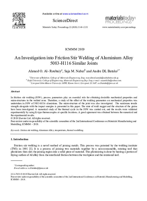 Pdf An Investigation Into Friction Stir Welding Of Aluminium Alloy 5083 H116 Similar Joints