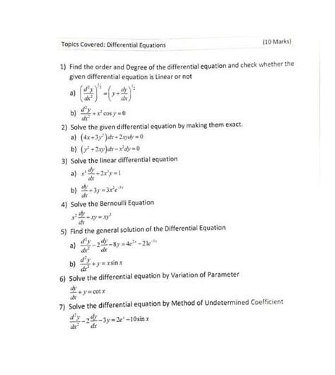 topics covered differential equations 10 marks 1 find the order and