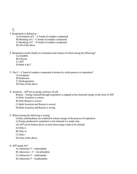 SOLUTION Respiration In Plants Questions Studypool