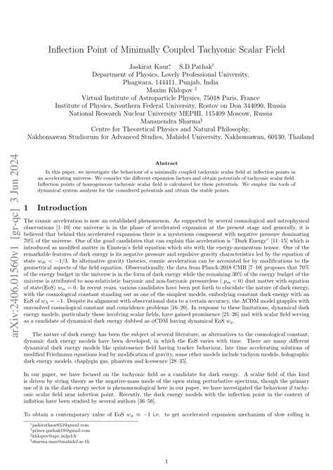 Pdf Inflection Point Of Minimally Coupled Tachyonic Scalar Field