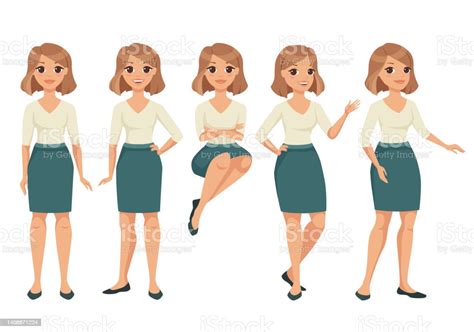스커트와 블라우스의 여성 캐릭터 서 있고 앉아있는 포즈 몸짓 벡터 세트 감정에 대한 스톡 벡터 아트 및 기타 이미지 감정