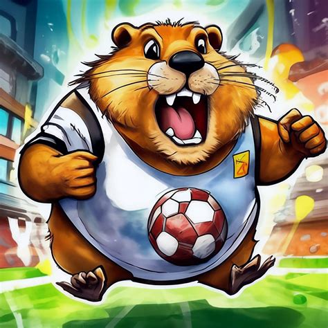 Watercolor Fat Cartoon Angry Beaver Playing Football Soccer Ball