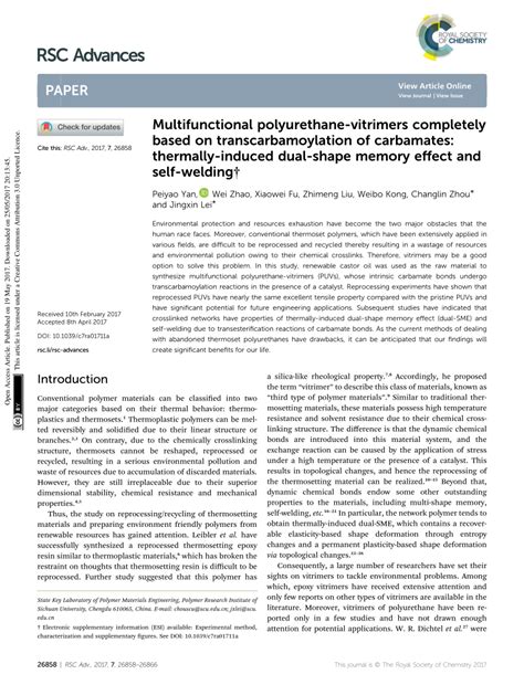 Pdf Multifunctional Polyurethane Vitrimers Completely Based On Transcarbamoylation Of