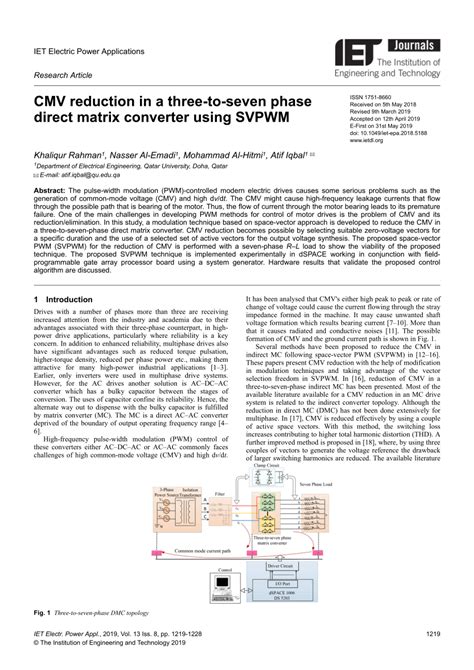 Pdf Common Mode Voltage Reduction In A Three To Seven Phase Direct Matrix Converter Using