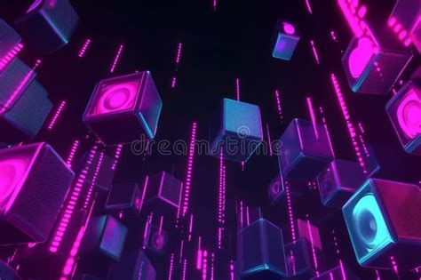 A High Tech 3d Background Featuring Floating Speaker Cubes Emitting Pulsating Neon Sound Waves