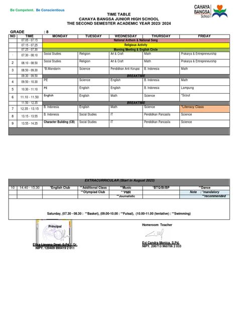 Grade 8 Time Table Sem 1 23 24 Pdf
