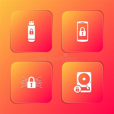 Set Usb Flash Drive With Lock Smartphone Cyber Security And Hard Disk And Icon Vector Stock