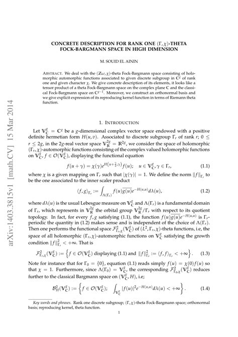 Pdf Concrete Description For Rank One Gamma Chi Theta Fock Bargmann Space In High Dimension