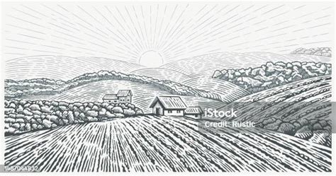 마을 집과 농경지가 있는 시골 풍경 그래픽 스타일로 그리기 농장에 대한 스톡 벡터 아트 및 기타 이미지 농장 복고풍 포도밭 Istock