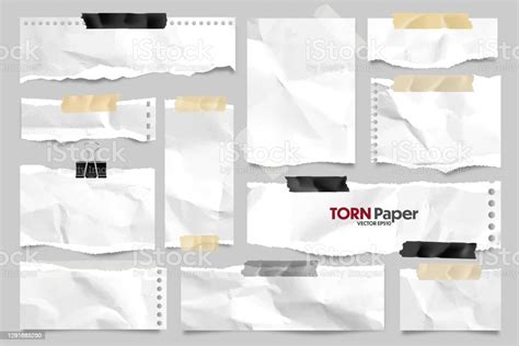 흰색 찢어진 구겨진 종이 스트립 컬렉션 찢어진 가장자리와 접착제 테이프로 사실적인 종이 스크랩 스티커 노트 노트북 페이지의 조각 벡터 일러스트레이션 0명에 대한 스톡 벡터