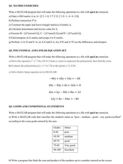 Solved Q1 Matrix Exercises Write A Matlab Program That Will