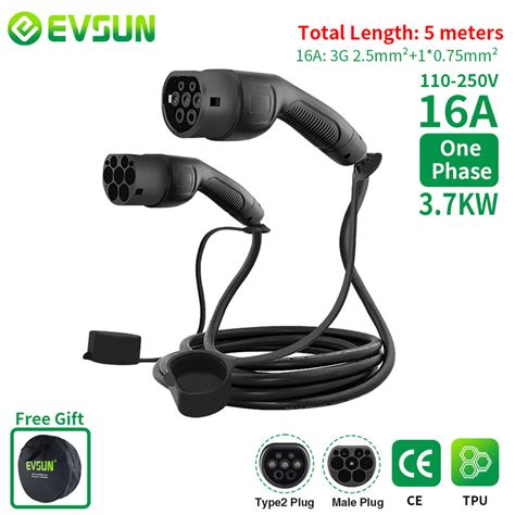 evsun ev 자동차 충전기 충전 케이블 1 상 전기 자동차 16a 유형 2 암 수 iec 62196 플러그 충전 스테이션 3