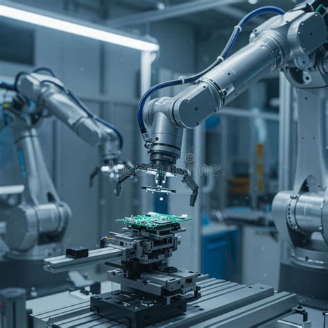 Robotic Arms Operate In A High Tech Manufacturing Environment Focused Stock Illustration