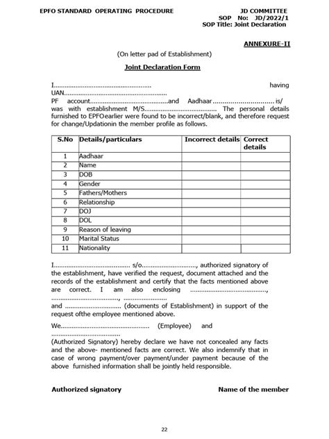 Joint Declaration Form Pf Pdf Government