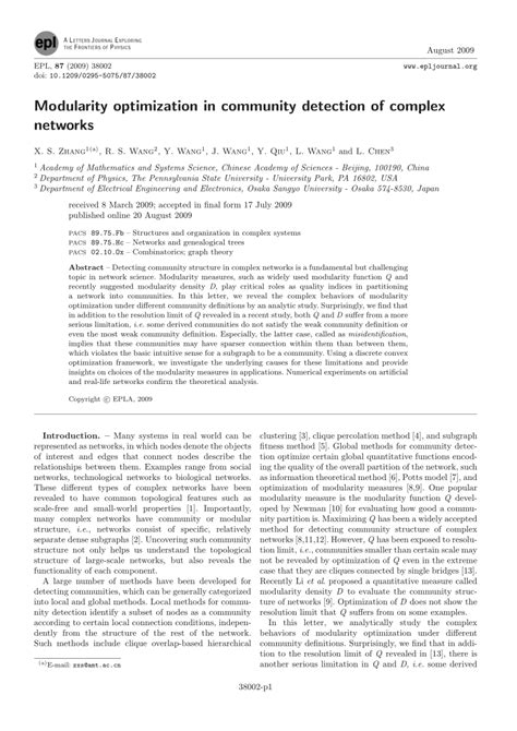 Pdf Modularity Optimization In Community Detection Of Complex Networks