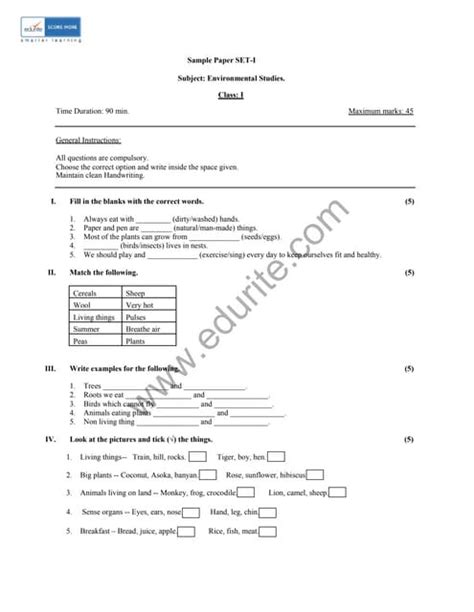 Class 1 Icse Evs Sample Paper Model 1 Pdf