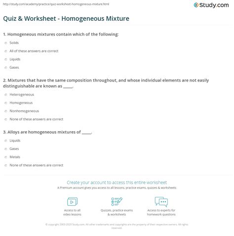 Homogeneous Mixture Worksheet