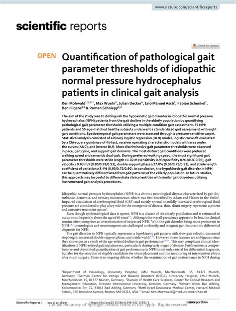 Pdf Quantification Of Pathological Gait Parameter Thresholds Of Idiopathic Normal Pressure