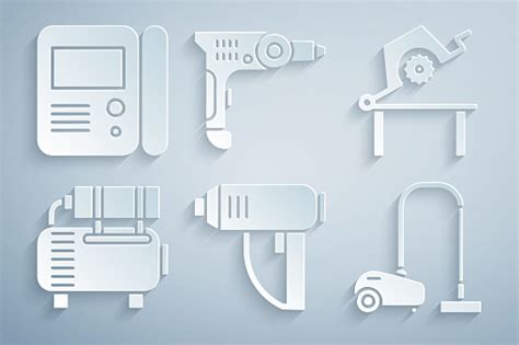 전기 산업용 건조기 목공 용 테이블 톱 공기 압축기 진공 청소기 드릴 기계 및 하우스 인터콤 시스템 아이콘을 설정합니다 벡터 3차원 형태에 대한 스톡 벡터 아트 및 기타