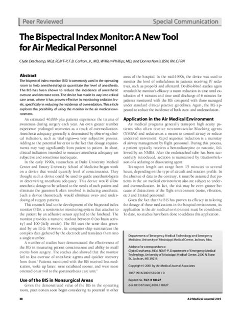 Pdf The Bispectral Index Monitor A New Tool For Air Medical Personnel