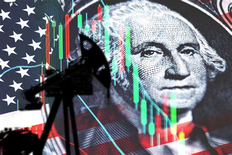 미국 석유 및 가스 산업 개념입니다 산유국의 주가 석유 및 가스 회사의 비용 미국 석유 위기현재 달러 워싱턴 초상화 오일 펌프 미국 국기 배경 0명에 대한 스톡 사진 및