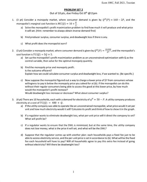 Econ 100c Fall 2021 Tocoian Problem Set 2 Out Of 10