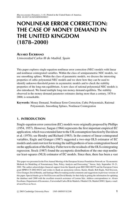 Pdf Nonlinear Error Correction The Case Of Money Demand In The United Kingdom 1878 2000