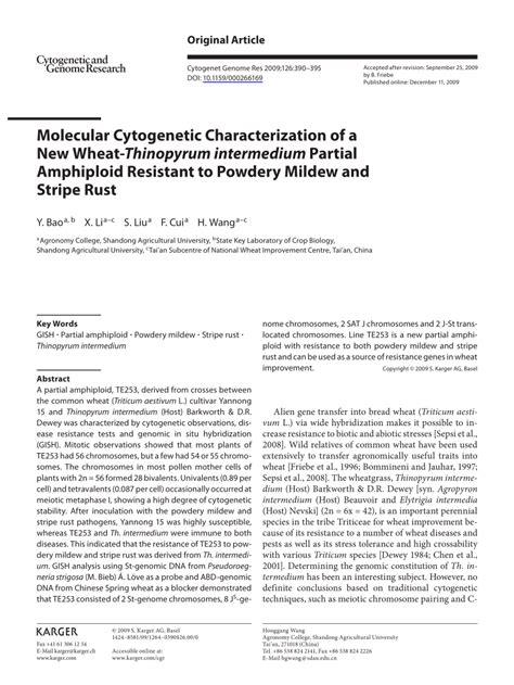 Pdf Molecular Cytogenetic Characterization Of A New Wheat Thinopyrum