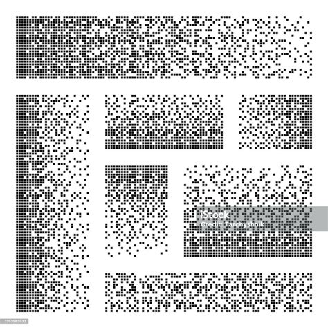 픽셀 분해 붕괴 효과 사각형 모양으로 만들어진 다양한 직사각형 요소 분산 된 점선 패턴 간단한 입자가 있는 모자이크 텍스처 벡터 일러스트레이션 가리키기에 대한 스톡 벡터