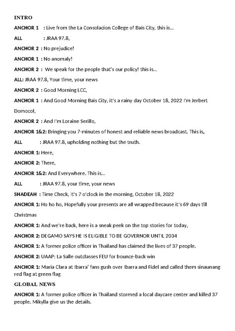 Radio Broadcasting Script Intro Anchor 1 Live From The La
