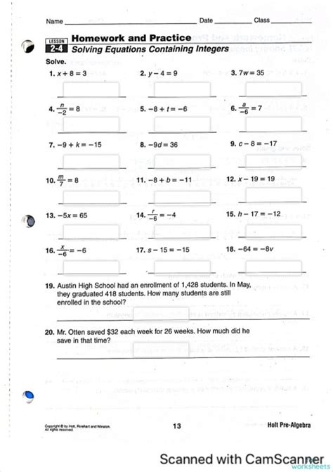 Lesson 24 Solving Equation Containing Integers 8th Interactive