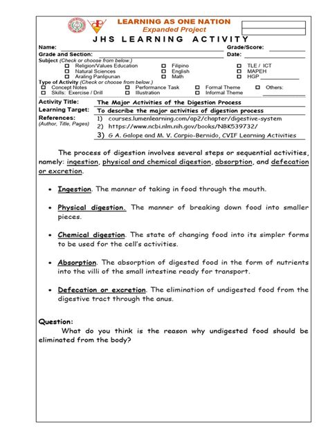 Science 8 Biology Las 3 The Major Activities Of The Digestion Process