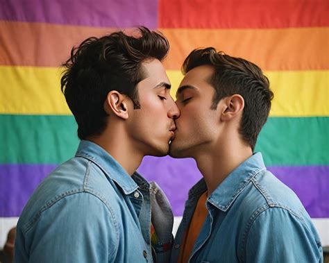 Dois Gays Se Beijando Com A Bandeira Do Orgulho Lgbt No Fundo Imagem