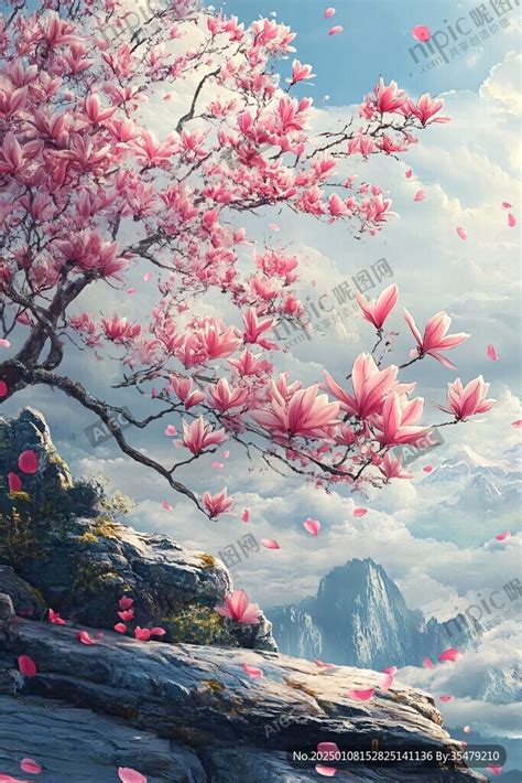 Ai创作图古风场景春暖花开 桃林仙境插画 花瓣飘落山水画 唯美古风花卉场景 禅意禅境意境桃花 桃花源记古风山水插画 桃花岛素材 唯美花瓣创意