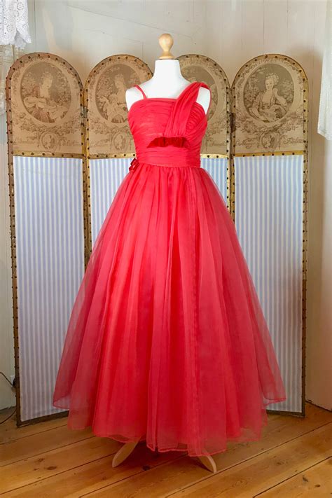 Red Organza 1950s Prom Dress With Boned Bodice Ankle Length Uk 10