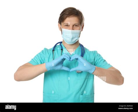 Doctor Or Medical Assistant Male Nurse Making Heart With Hands On