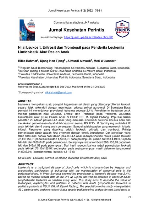 Pdf Nilai Leukosit Eritrosit Dan Trombosit Pada Penderita Leukemia