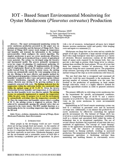 Iot Based Smart Environmental Monitoring For Oyster Mushroom Pleurotus Ostreatus Production
