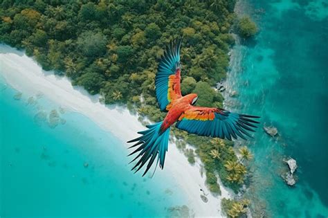 Premium Ai Image Highly Defined Detailed Macaw Flying Over A Tropical