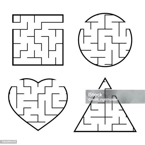 쉬운 미로의 집합입니다 원 정사각형 삼각형 심장 아이들을위한 게임 아이들을위한 퍼즐 하나의 입구 하나의 출구 미로 수수께끼 흰색 배경에 격리된 플랫 벡터 그림입니다 개념에