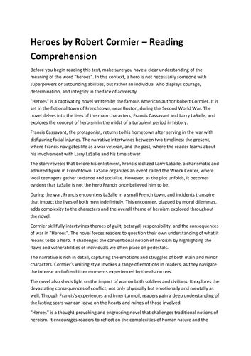 Heroes By Robert Cormier Reading Comprehension Teaching Resources