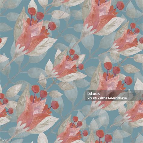 수채화 스타일 파란색 배경에 붉은 꽃과 새싹 원활한 패턴입니다 꽃 장식입니다 벽지 종이와 직물에 인쇄 스크랩북 포장 포장지 엽서 인쇄하다 0명에 대한 스톡 벡터 아트 및
