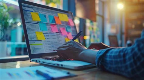 Business Developer Using Kanban Board Framework On Laptop Screen