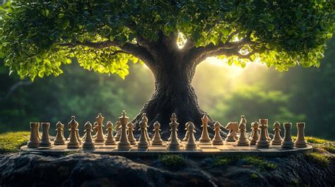 A Chess Board With Chess Pieces Under A Tree In The Sunlight Premium
