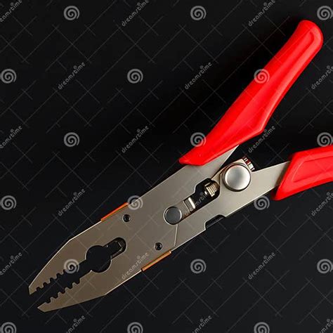 A Crimping Tool With A Red Handle Against A Dark Textured Surface With