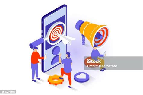 3d 아이소메트릭 디자인의 비즈니스 및 마케팅 개념 시장을 조사하고 목표를 목표로 삼고 홍보 및 광고 캠페인을 만드는 사람들 웹