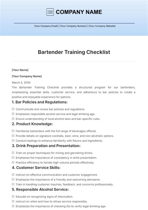 Free Bartender Training Checklist Template To Edit Online