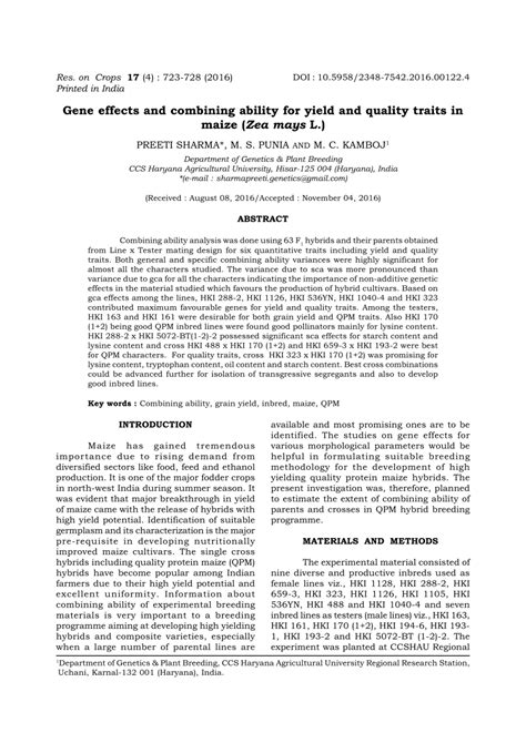 Pdf Gene Effects And Combining Ability For Yield And Quality Traits