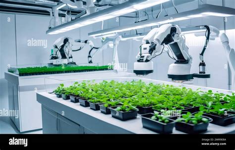 Futuristic Biological Laboratory Robotic Arms Experiment With New Indoor Green Cultivation